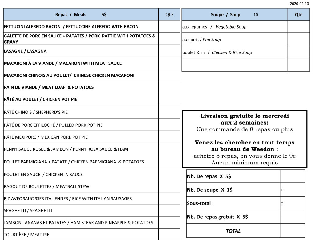 Centre d'Action Bénévole du Haut-Saint-François - Menu popote roulante ...